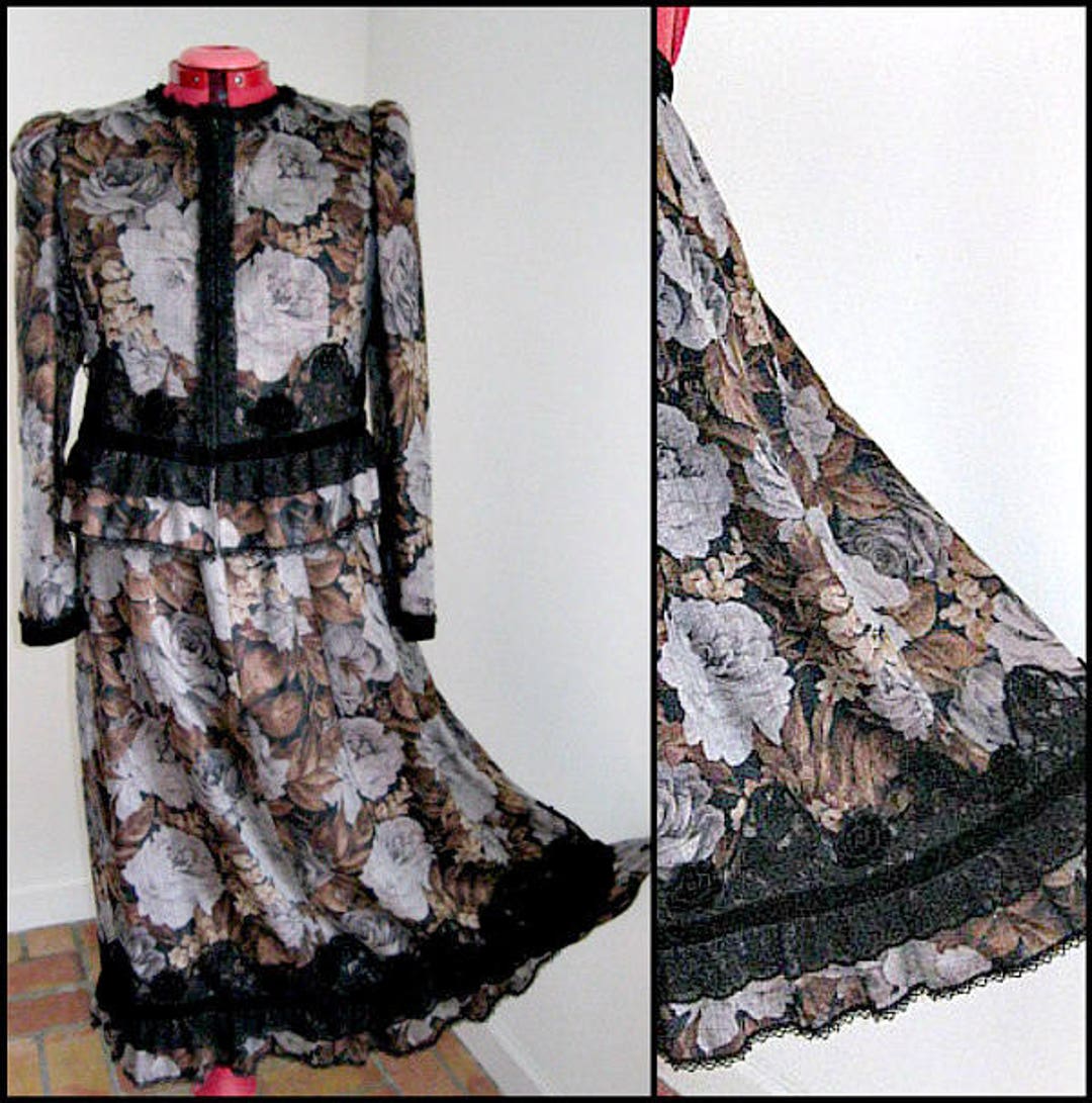 Vintage Maggy Reeves Skirt Suit: 80s Lace, Velvet Trim, Floral L - Etsy