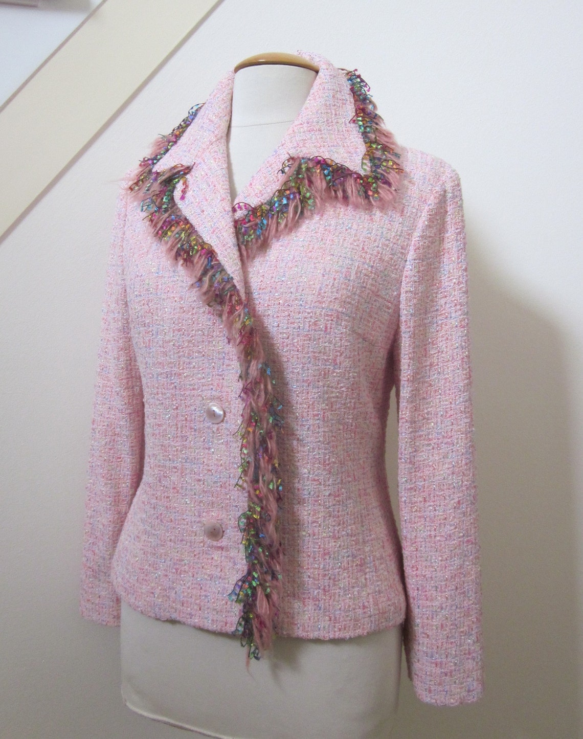 Anne Dee Goldin Tweed Jacket / Fits M / Pink Tweed Jacket / Fringed ...
