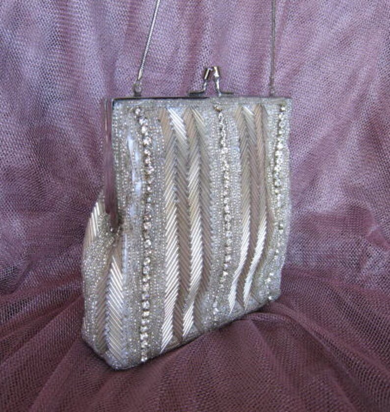 SILVER Rhinestone Beaded Vintage Purse Handbag // 60s 1960s // Hand ...