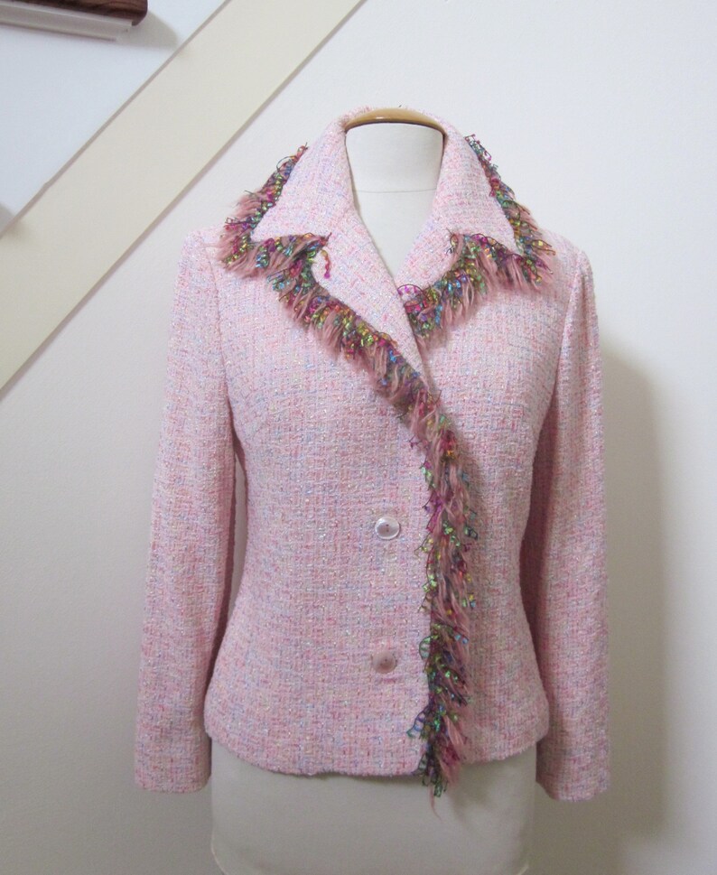 Anne Dee Goldin Tweed Jacket / Fits M / Pink Tweed Jacket / Fringed ...