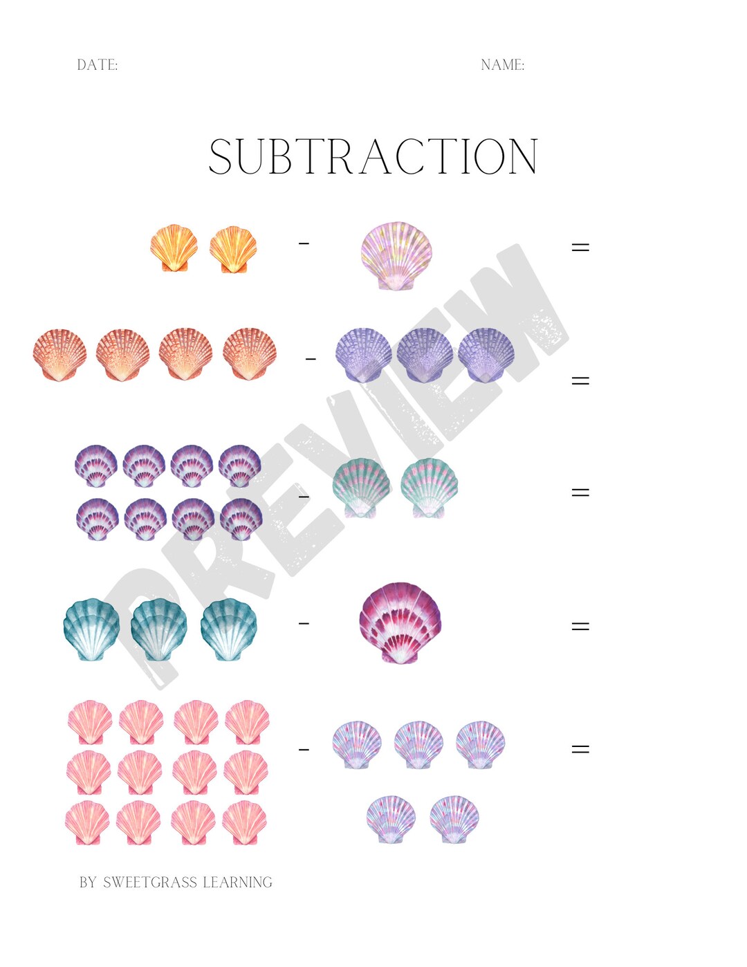 Shell Subtraction Worksheets - Etsy