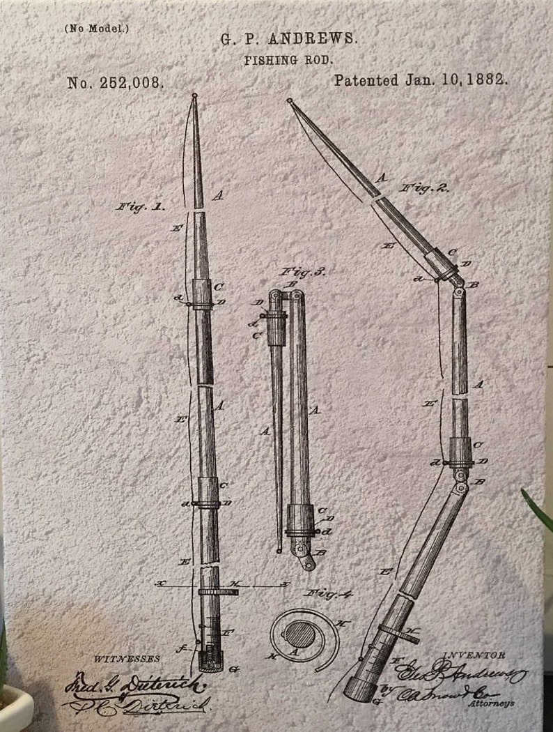 FISHING ROD Patent Drawing Hand-stretched Canvas Print Home Decor - Etsy