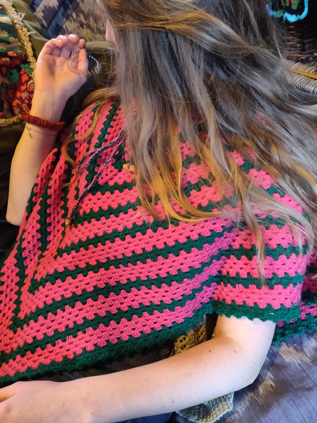 Pretty French New Crocheted Poncho, AUDIERNE, Green, and Pink - Etsy