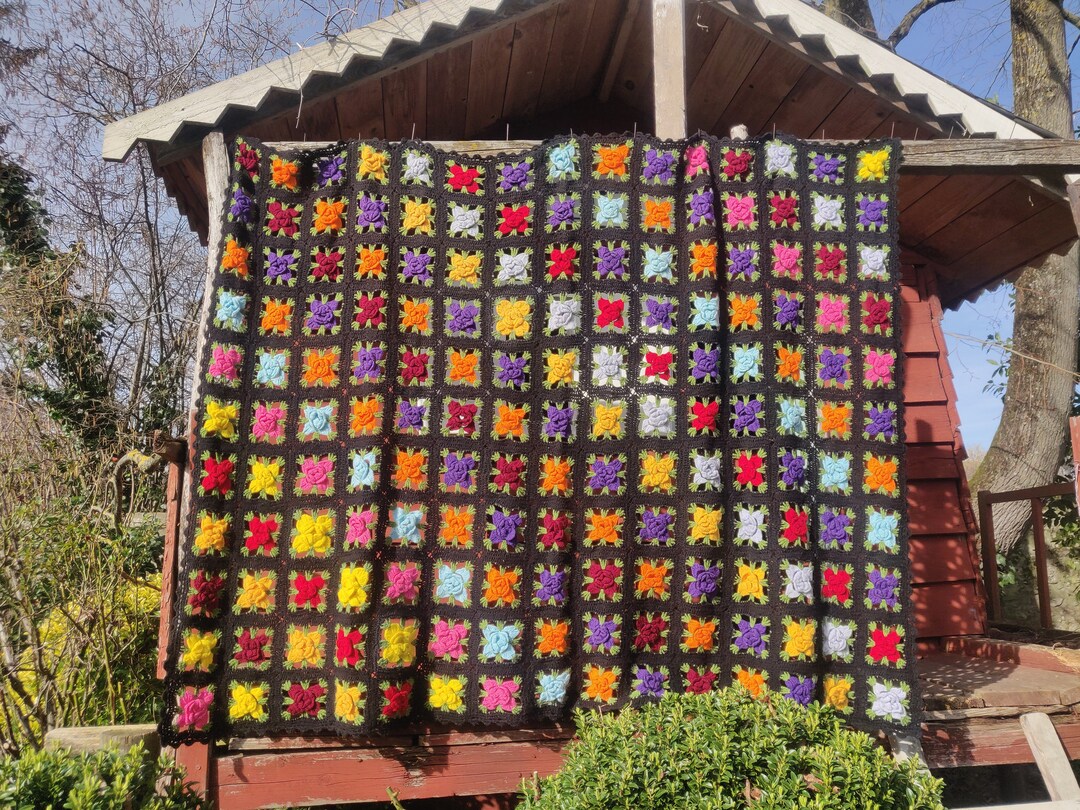 Large French Vintage Folk Art Crochet Afghan Blanket, CANNES, Handmade ...