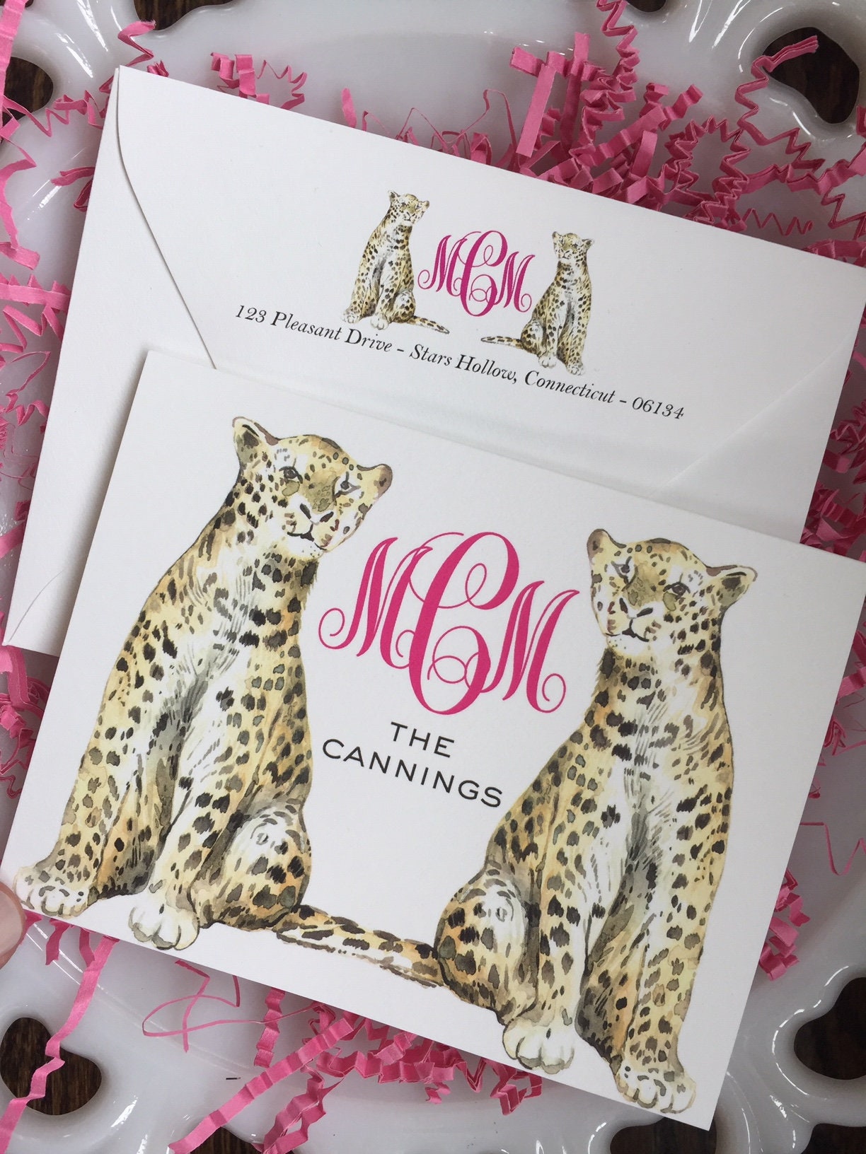 Personalized Stationery Chic Cheetah Folded Notecards Vine Monogram ...