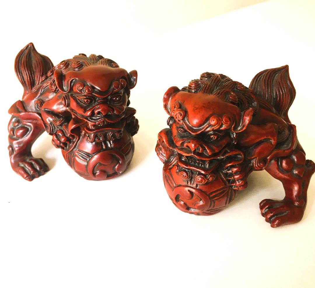 Foo Dog Figurines; Red Composite Foo Dog Pair; Guardian Dogs of ...