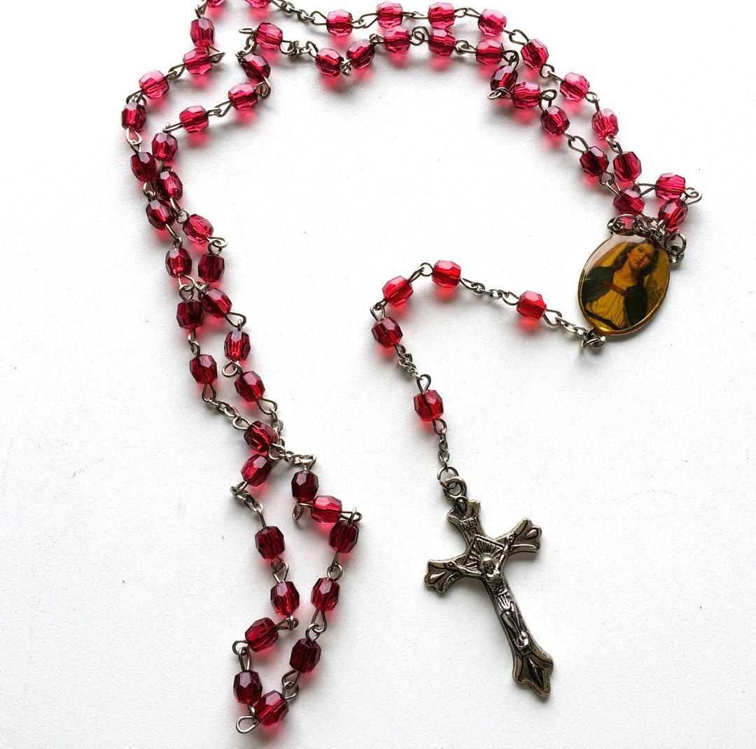 Vintage Rosary With Ruby Red Beads, Silver Toned Crucifix and Mother ...