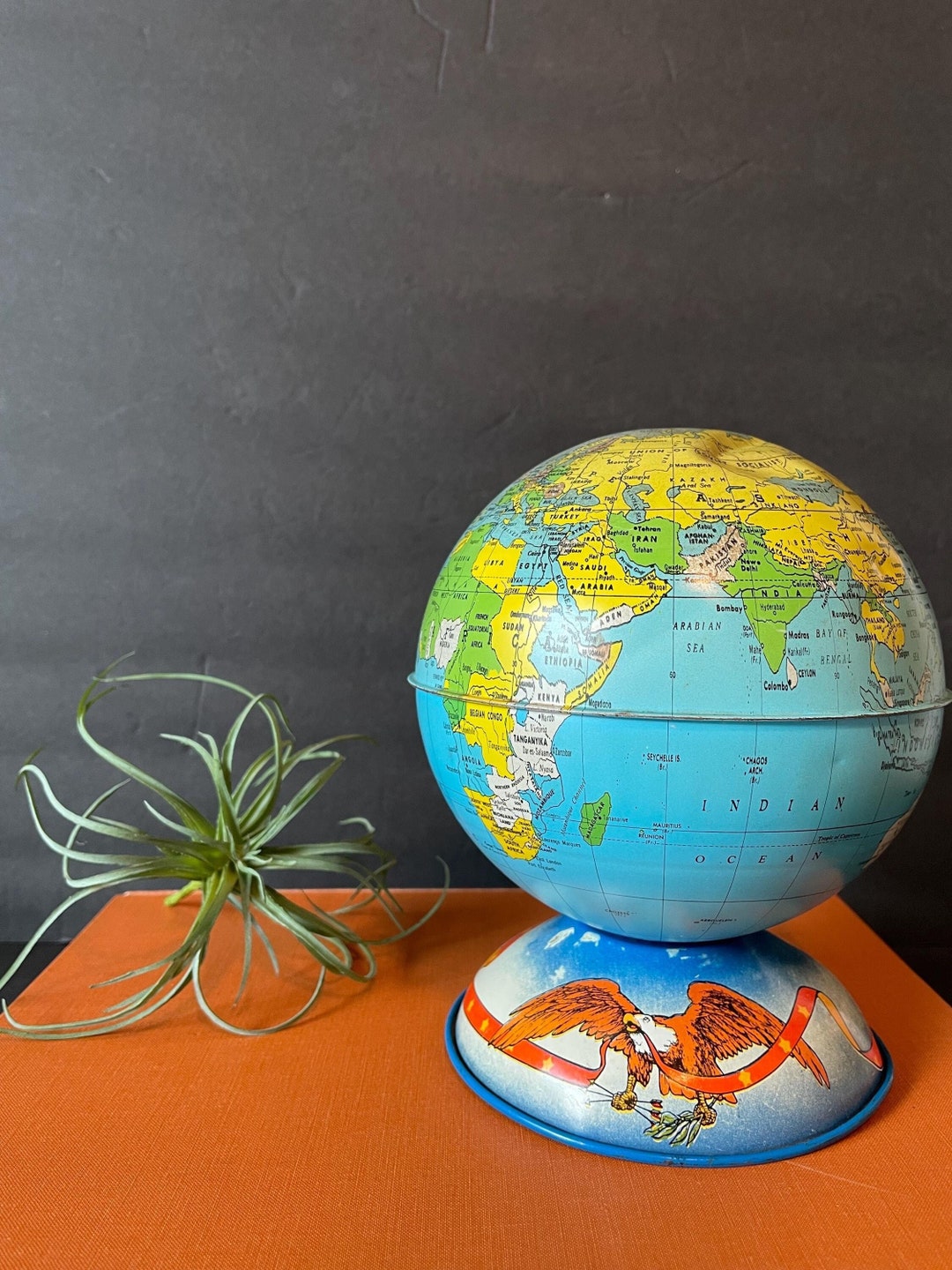 Vintage World Globe Coin Bank: J. Chen Metal Piggy Bank - Etsy
