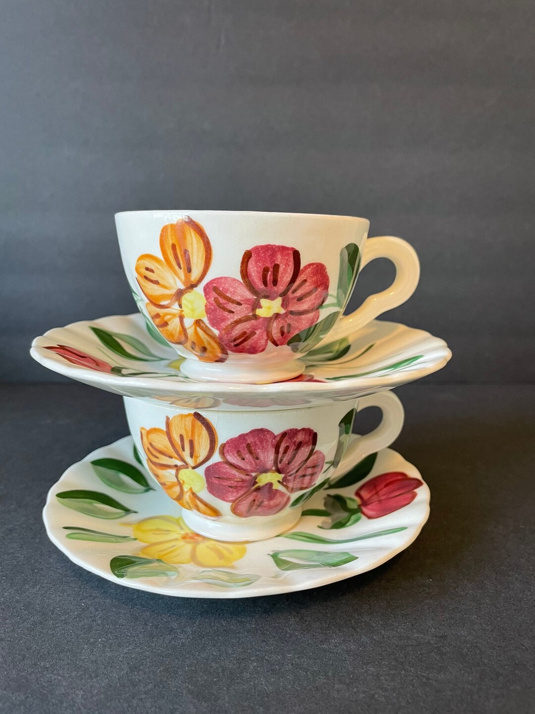 Vintage Blue Ridge Floral Cups & Saucers, Set of Two - Etsy
