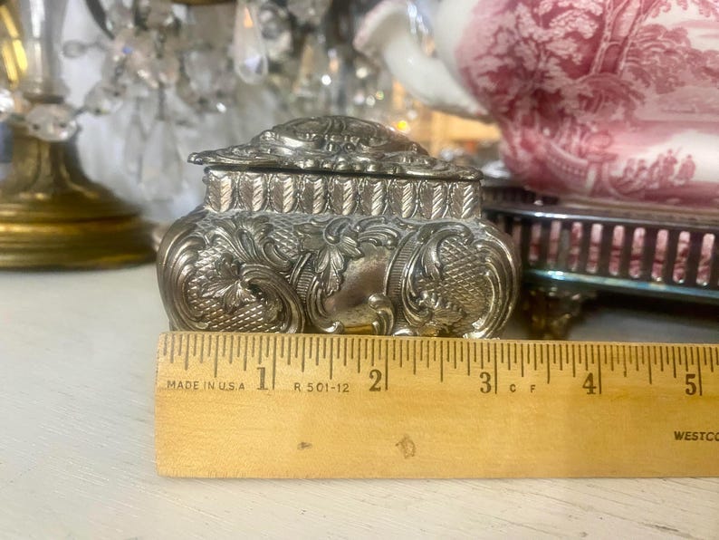 Jewelry Casket Silver Plate Jewelry Box Rectangle Footed Medallion ...
