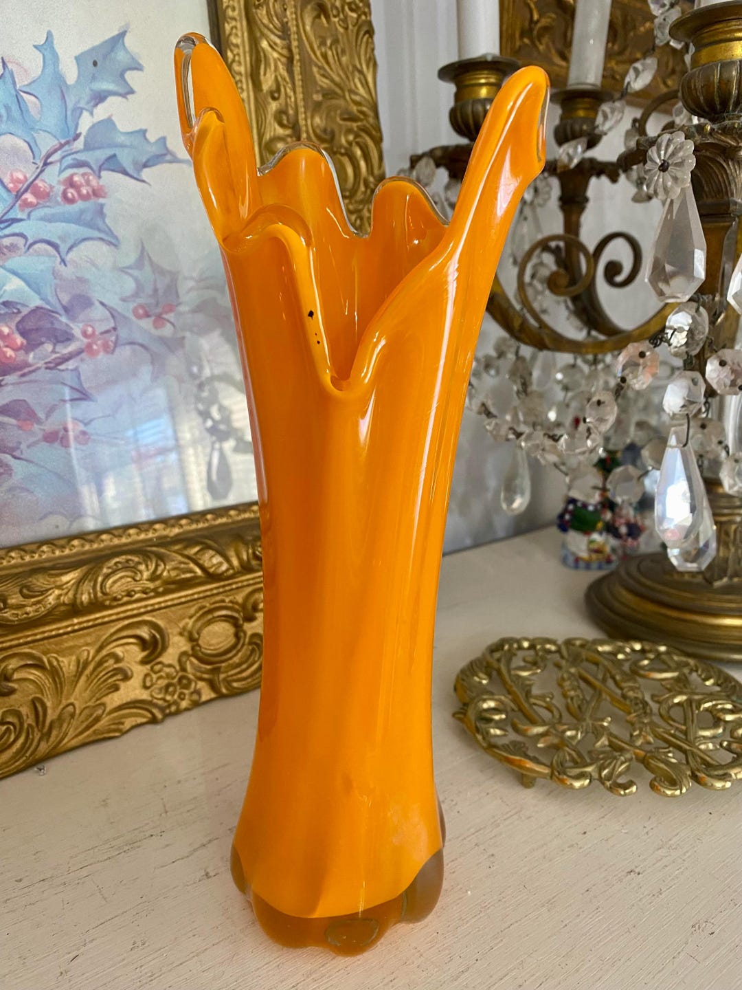 Vintage 1960 Orange Glass Slung Vase Ruffled Top With Tiny Dark Speck ...