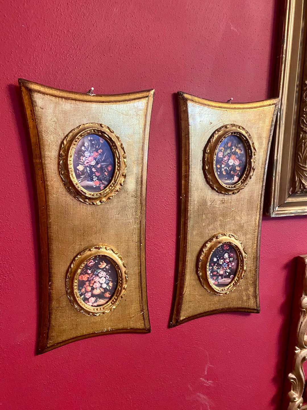 Vintage Italy Florentia Wall Plaques Double Oval Frames of Floral Black ...