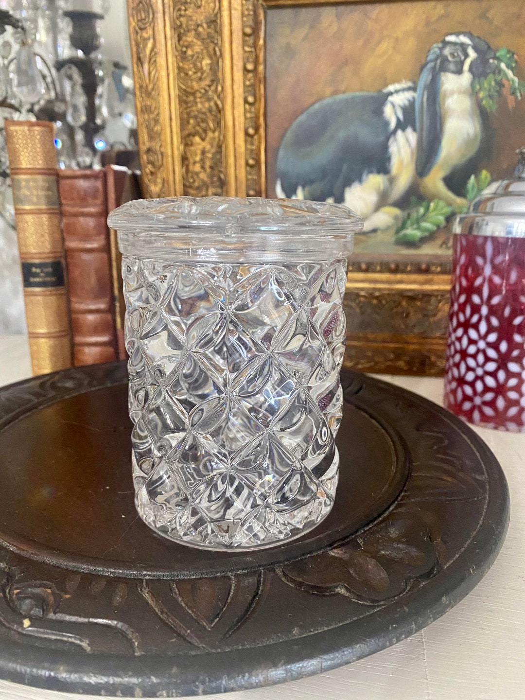 Vintage Leaded Crystal Cylinder Style Lidded Jar Diamond Pattern ...
