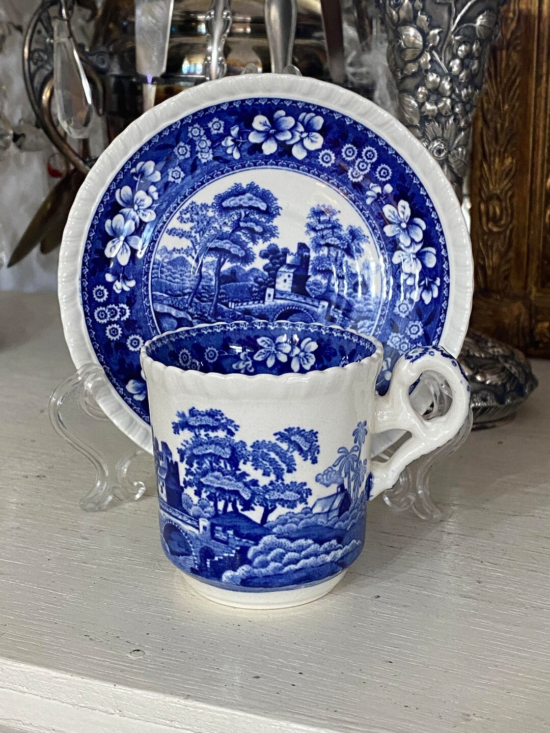 Spode Copeland Blue White Demi Cup Saucer Scroll Handle on Cup Tea Cup ...