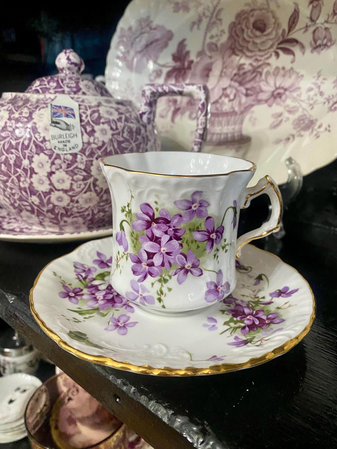 Violet Transferware Tea Cup and Saucer Victorian Violets England ...