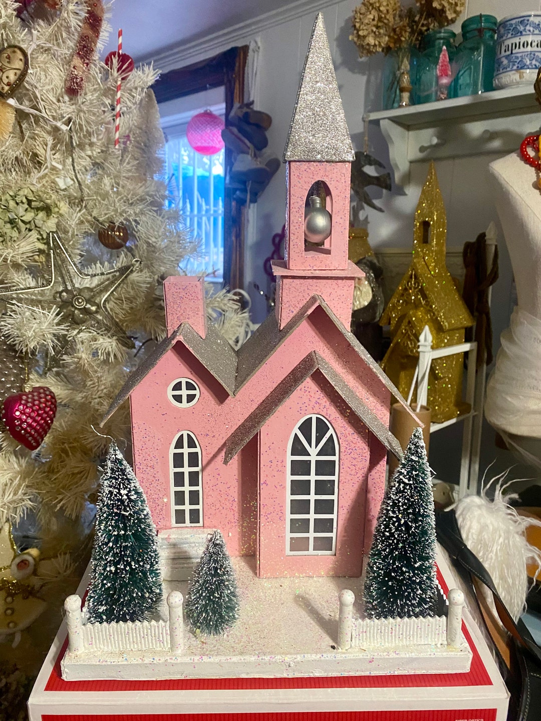 Cardboard Putz Christmas Church Pink With Steeple Bottle Brush Trees ...