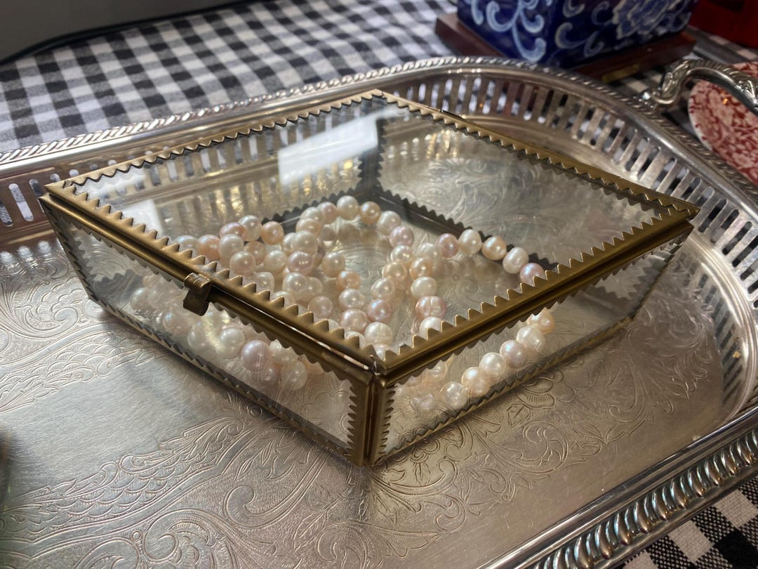 Glass Jewelry Container Box Triangle Shaped Brass Trim See Through ...