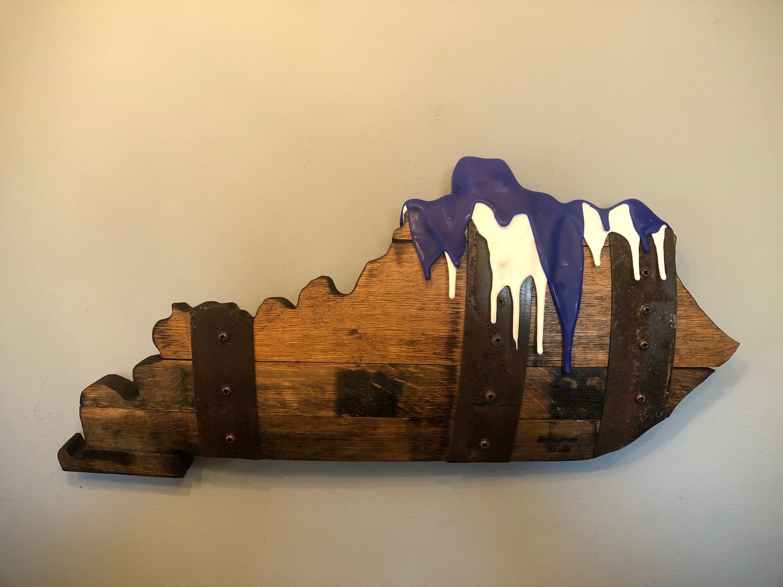 2' Blue and White Waxed Kentucky State Bourbon Barrel Wood Cutout With ...