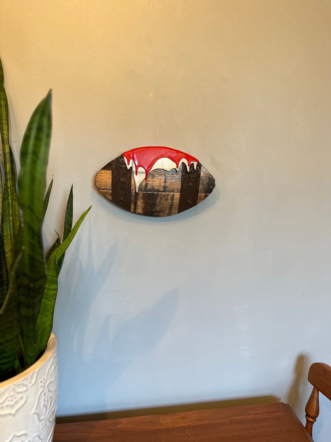 1’ Football Metallic Silver and Red Waxed Bourbon Barrel Wood Cutout ...