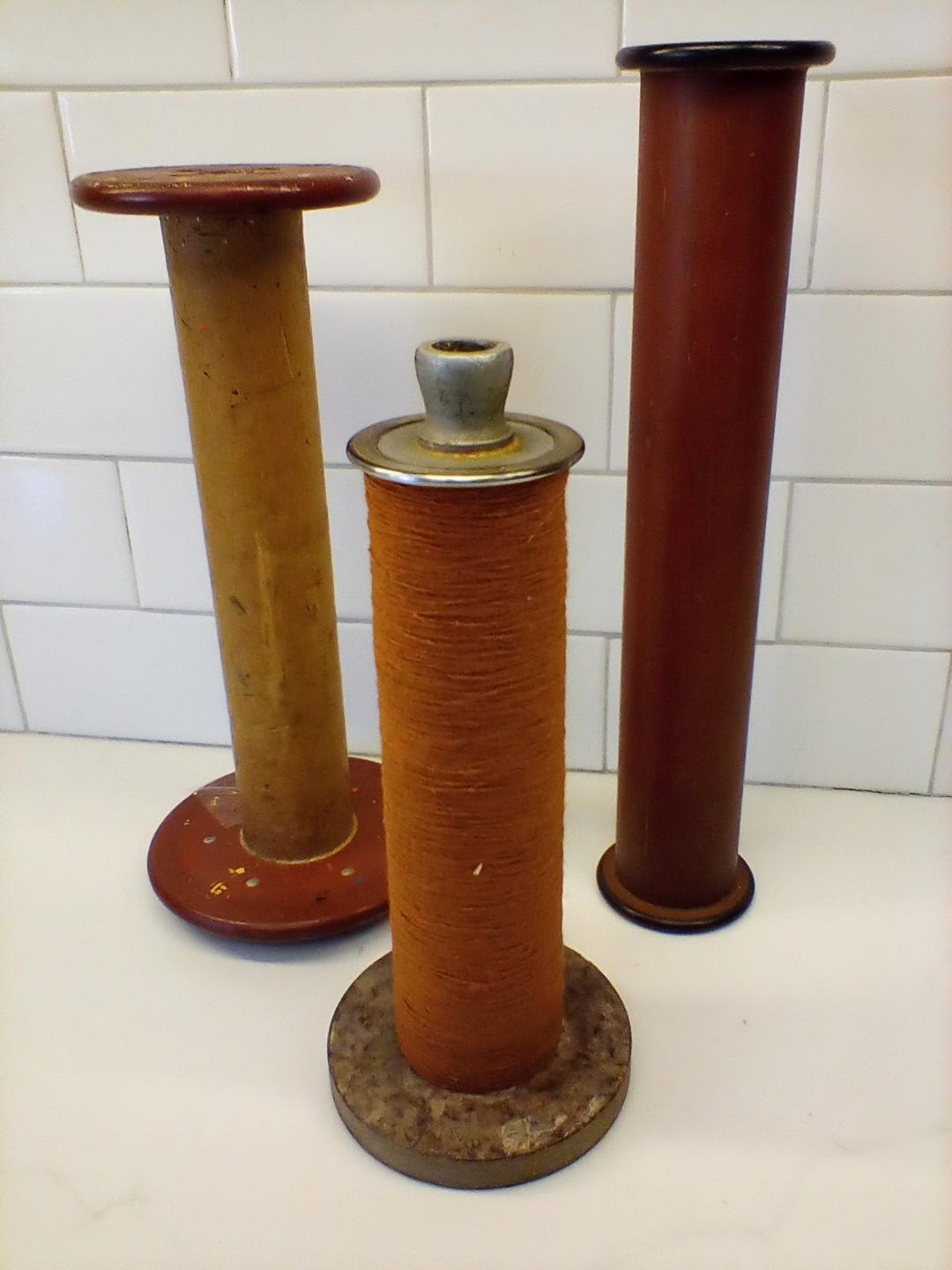 Vintage Wooden Bobbin Spools, Set of Three, Industrial, Home Decor ...