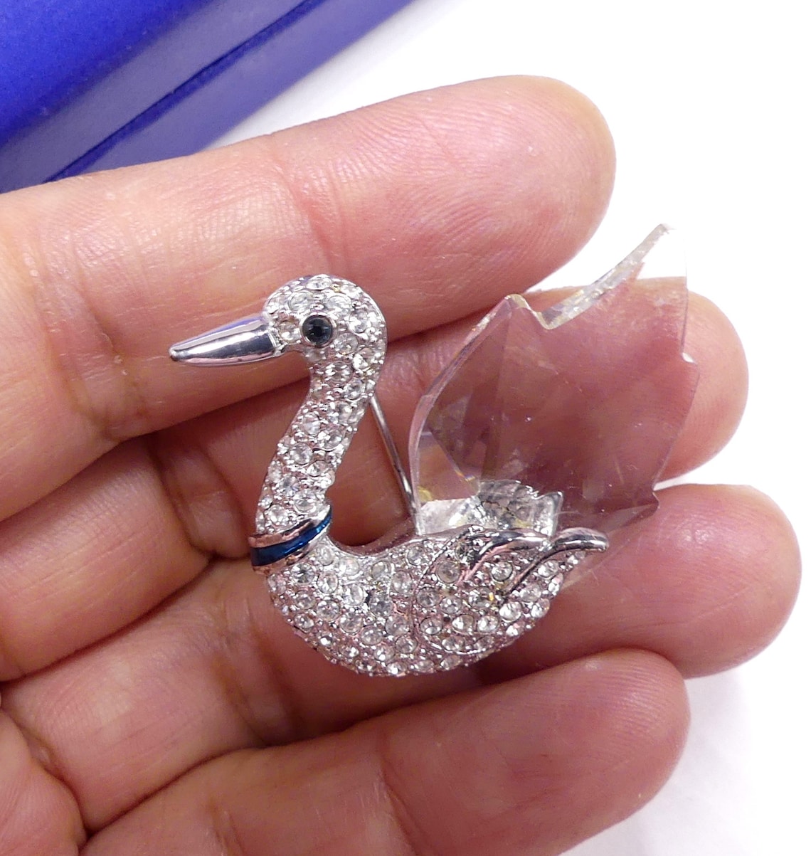 Vintage silver tone enamel Swarovski crystal swan pin/brooch | Etsy