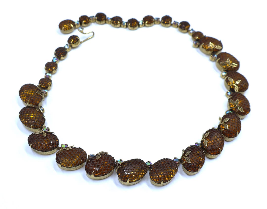 Vintage 40's Signed Kramer Gold Tone Netting Amber Glass AB Rhinestone ...