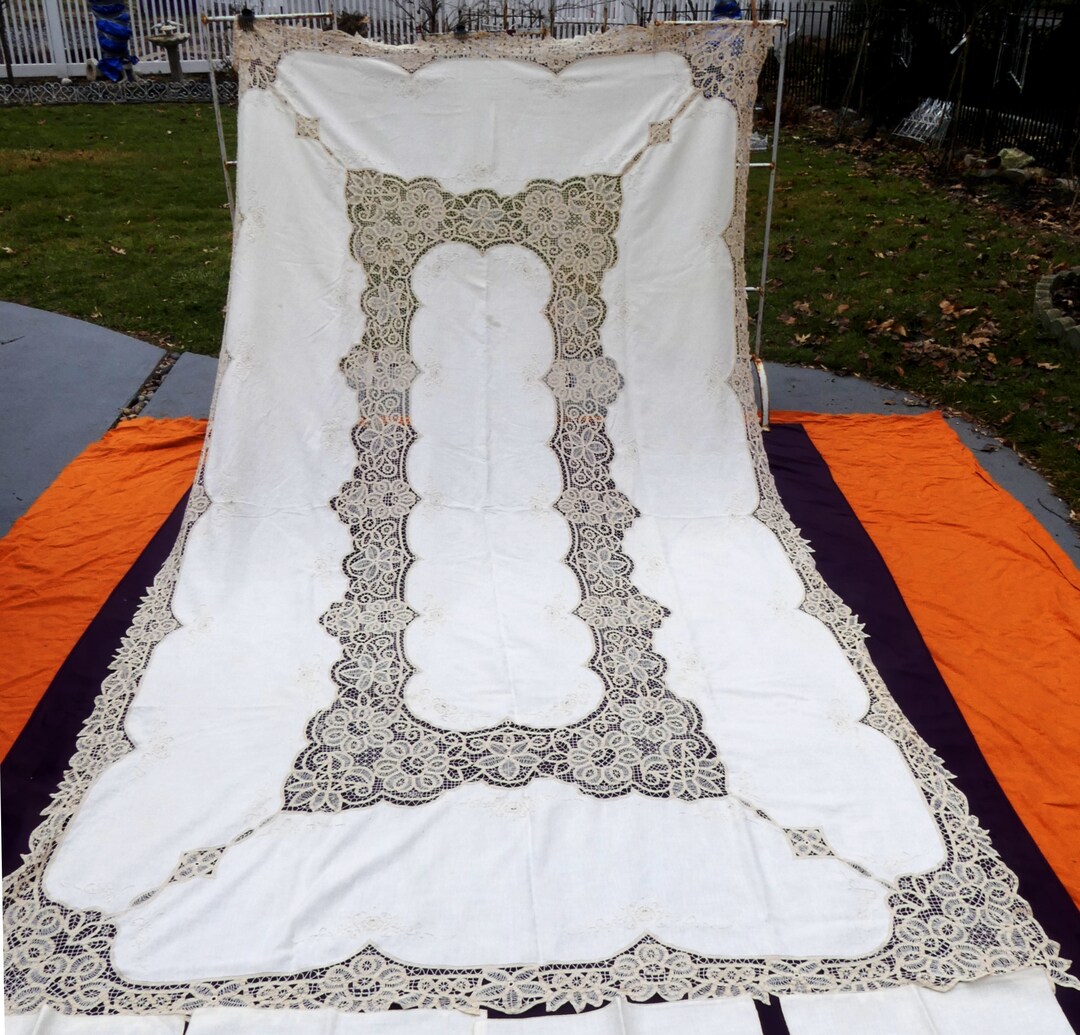 Vintage Large Cotton Fabric & Handmade Battenburg Lace Embroidery ...