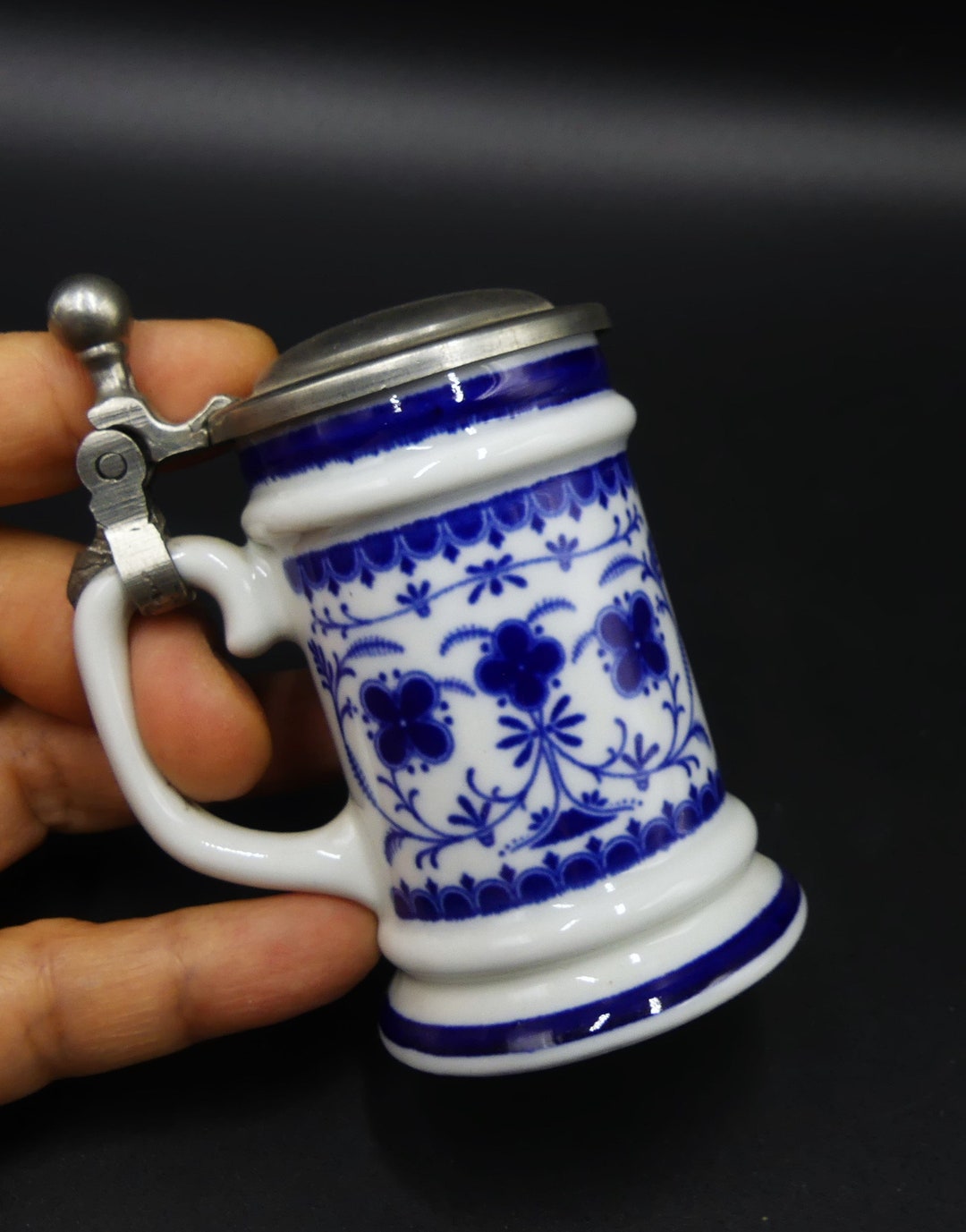 Vintage Marked Echt Kobalt Small Porcelain Beer Stein Lidded Pewter ...