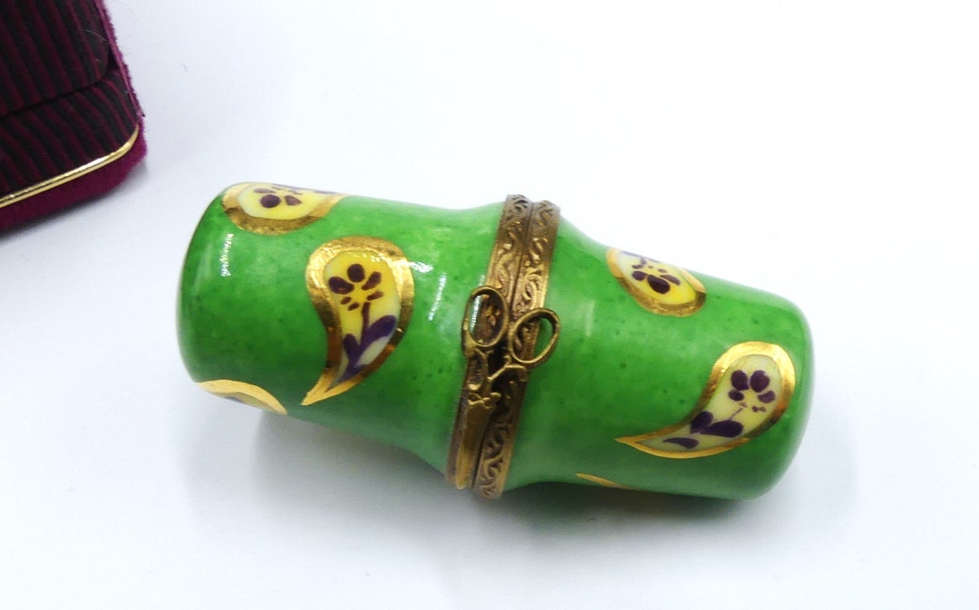 Vintage Limoges Hand Painted Flower on Green W Metal Thimble Trinket ...