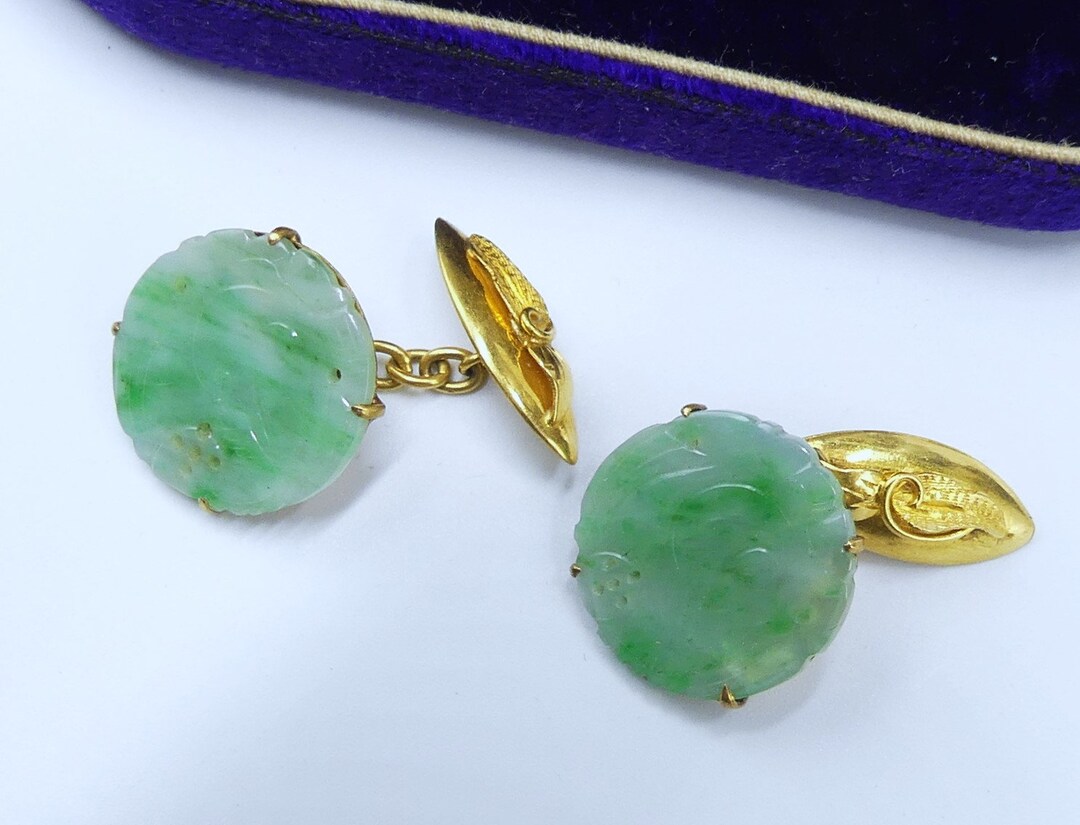 Antique Unmarked 14k Gold Hand Carved Round Apple Green Jade Cufflink ...