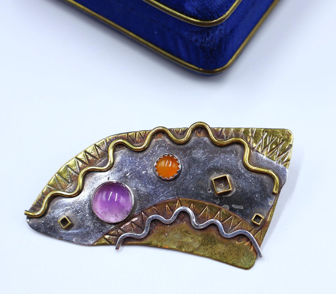 Vintage Signed Angela Duffin Sterling Silver Brass & Amethyst Yellow ...