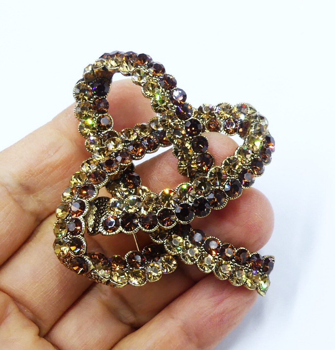 Vintage Signed WD Brass Tone & Brown Rhinestone Knot Pin Brooch - Etsy