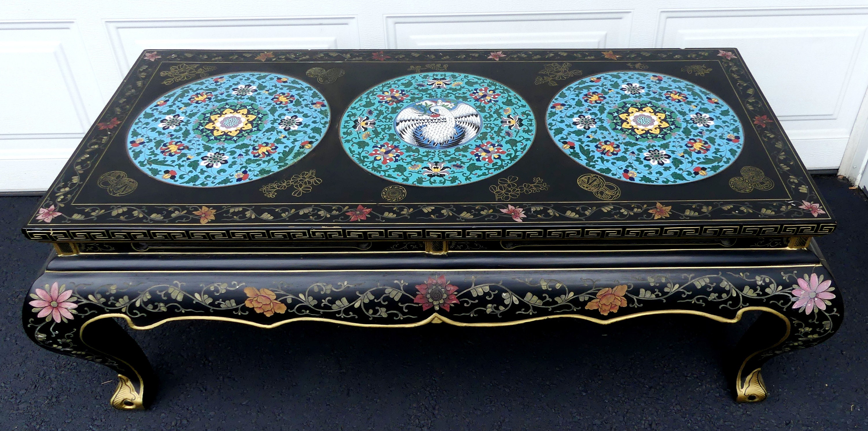 Vtg 40 s Chinese Black Lacquer W Three Cloisonne Enamel Plaques in Lay Lacquer Coffee Table Local Pick Up Etsy