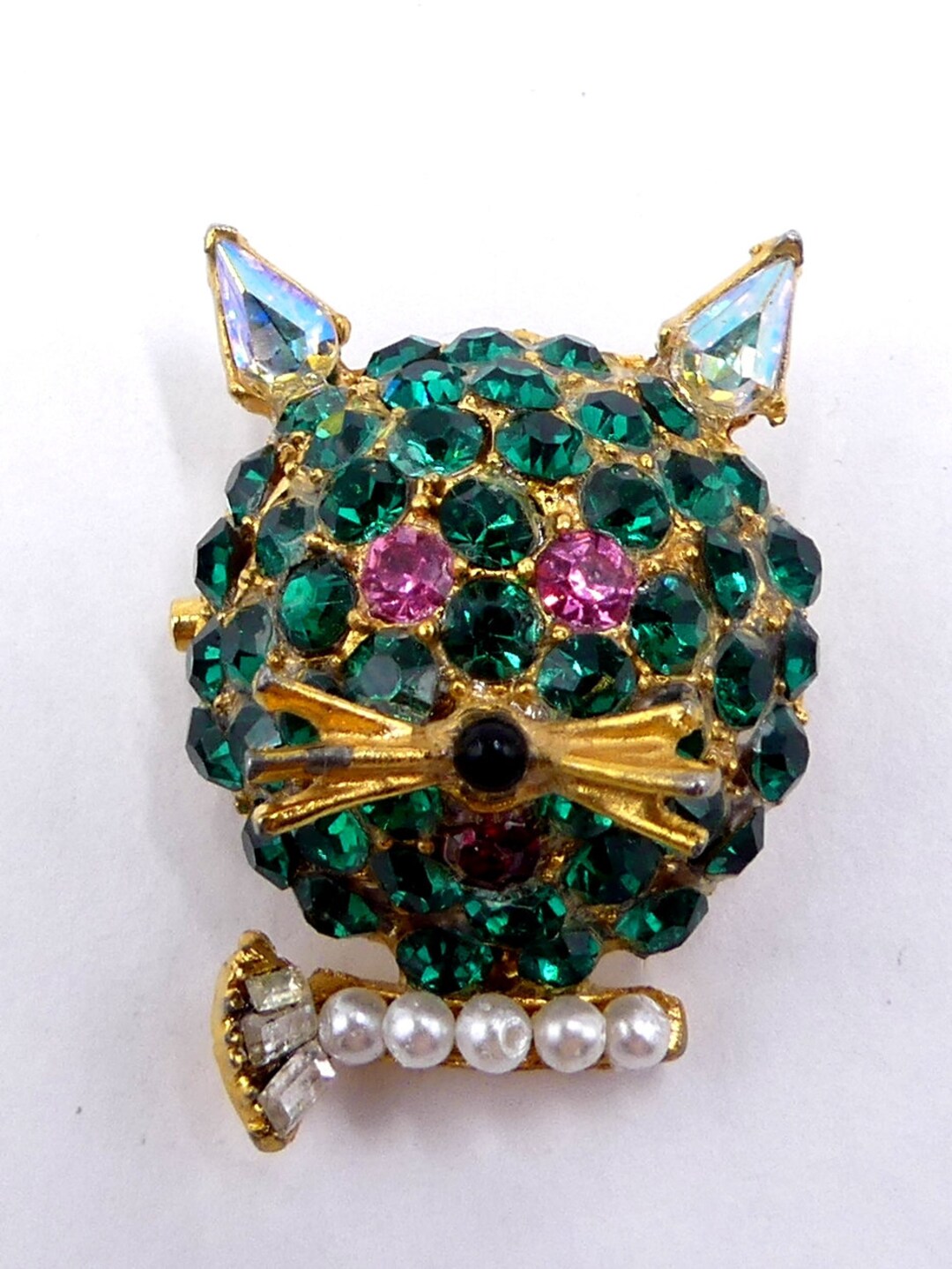 Vintage Gold Tone Faux Pearls Rhinestones Kittens Cats Face Pin Brooch ...