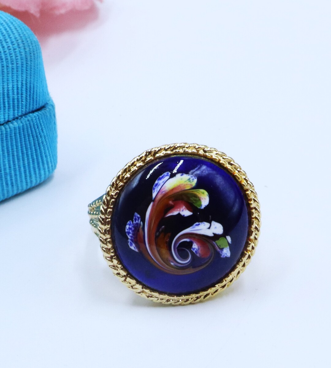 Vintage Signed Florenza Adjustable Gold Tone & Blue Enamel Ring Size 8 ...
