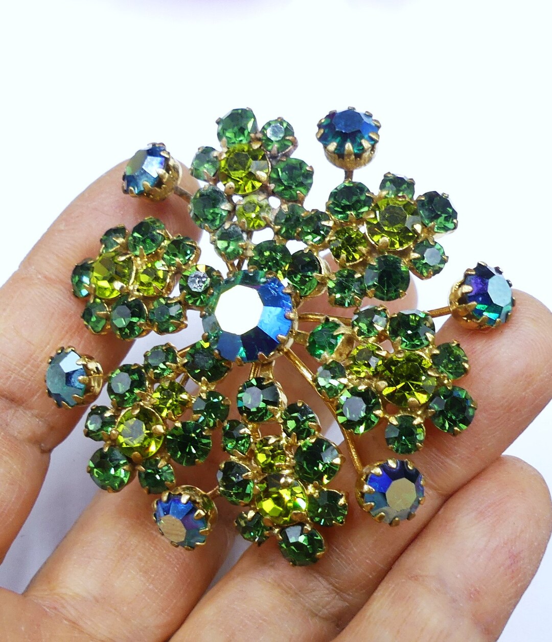 Vintage Signed Made in Austria Gold Tone & AB Green Rhinestones Pin ...
