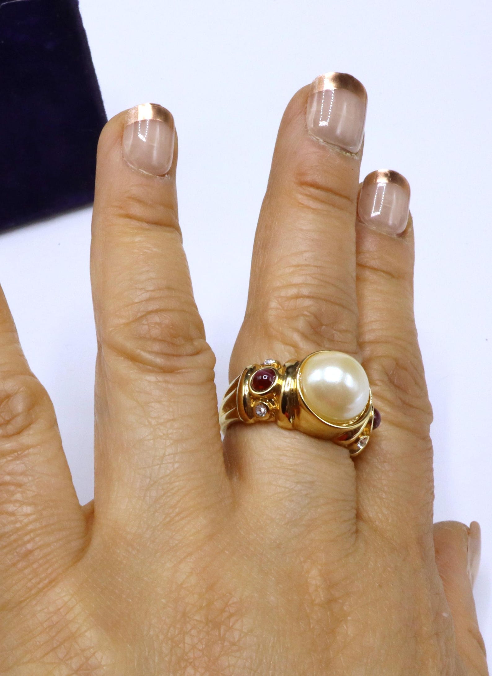 Vintage Marked 18k GE Gold Tone Faux Pearl W Ruby Glass Cabochon Ring ...