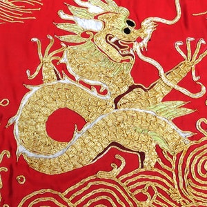 Vintage Chinese Silk Hand Embroidered Dragons on Red Background Penal ...