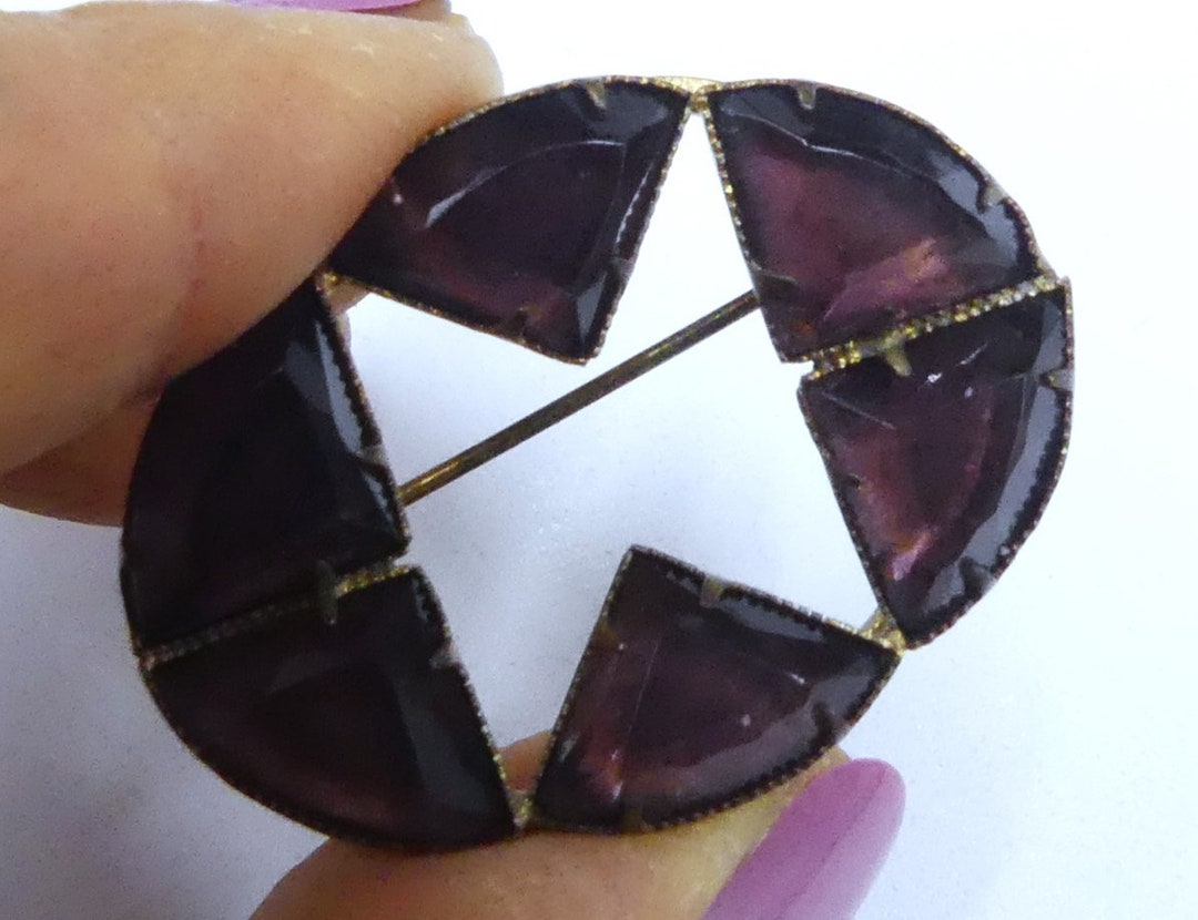 Antique Vintage Brass Tone & Czech Purple Glass Vauxhall Style Pin ...