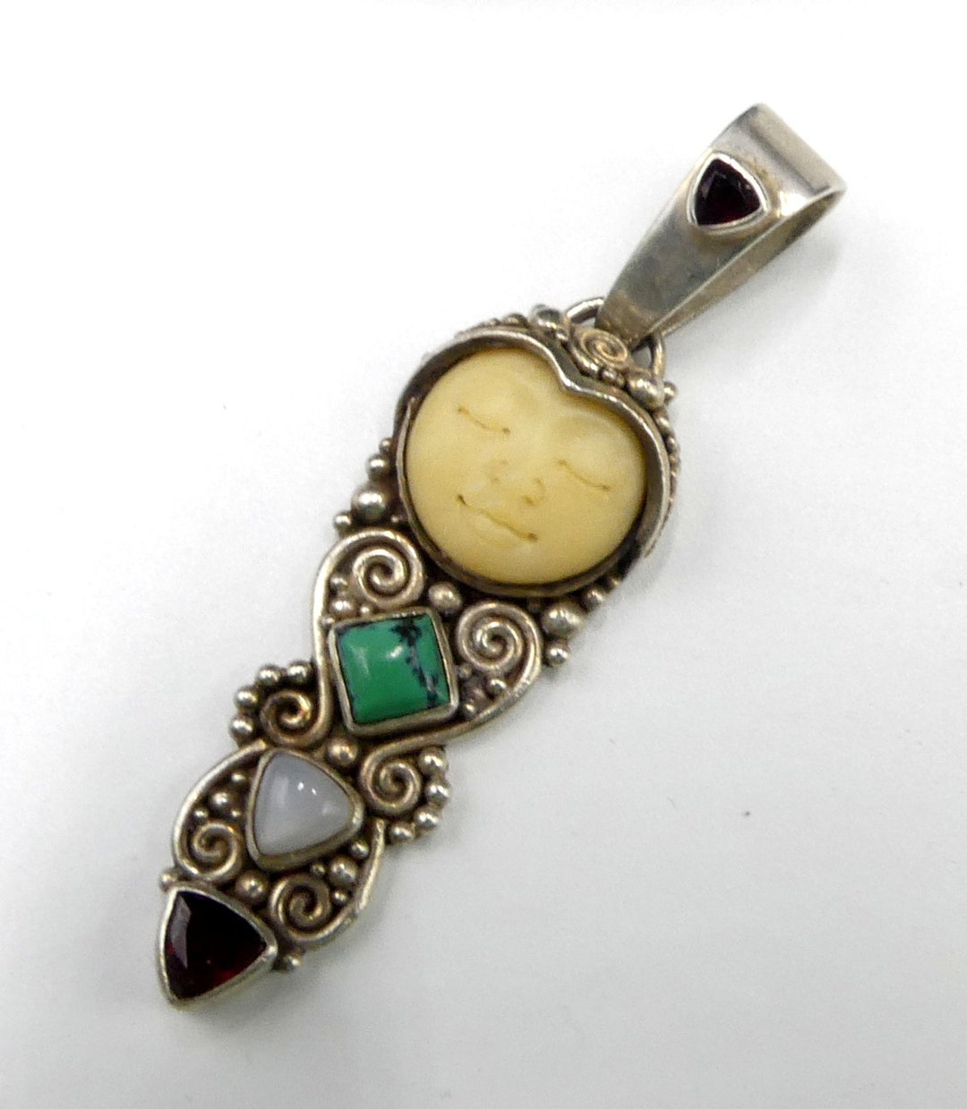 Vintage Marked Sajen 925 Carved Resin Face W Turquoise Moon Stone ...