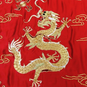 Vintage Chinese Silk Hand Embroidered Dragons on Red Background Penal ...