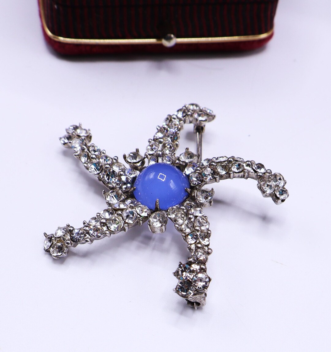 Vintage 40’s Signed BB Sterling Silver & Clear Rhinestone Dome Blue ...