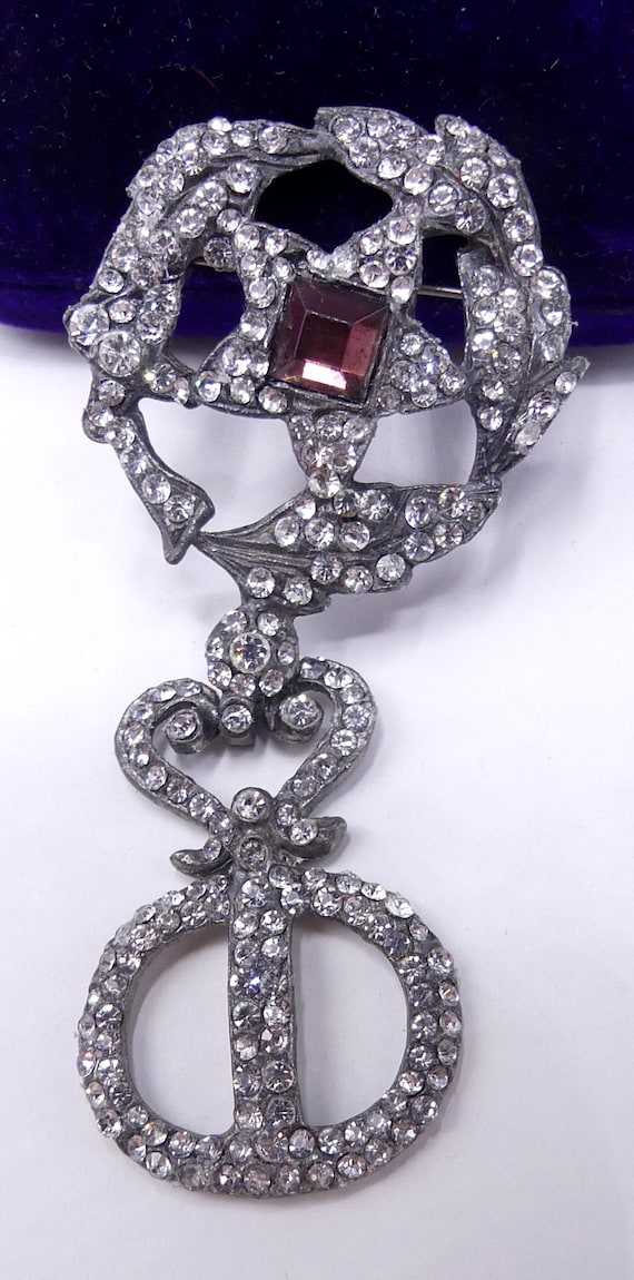 Vintage large silver tone & rhinestone long brooch - Gem