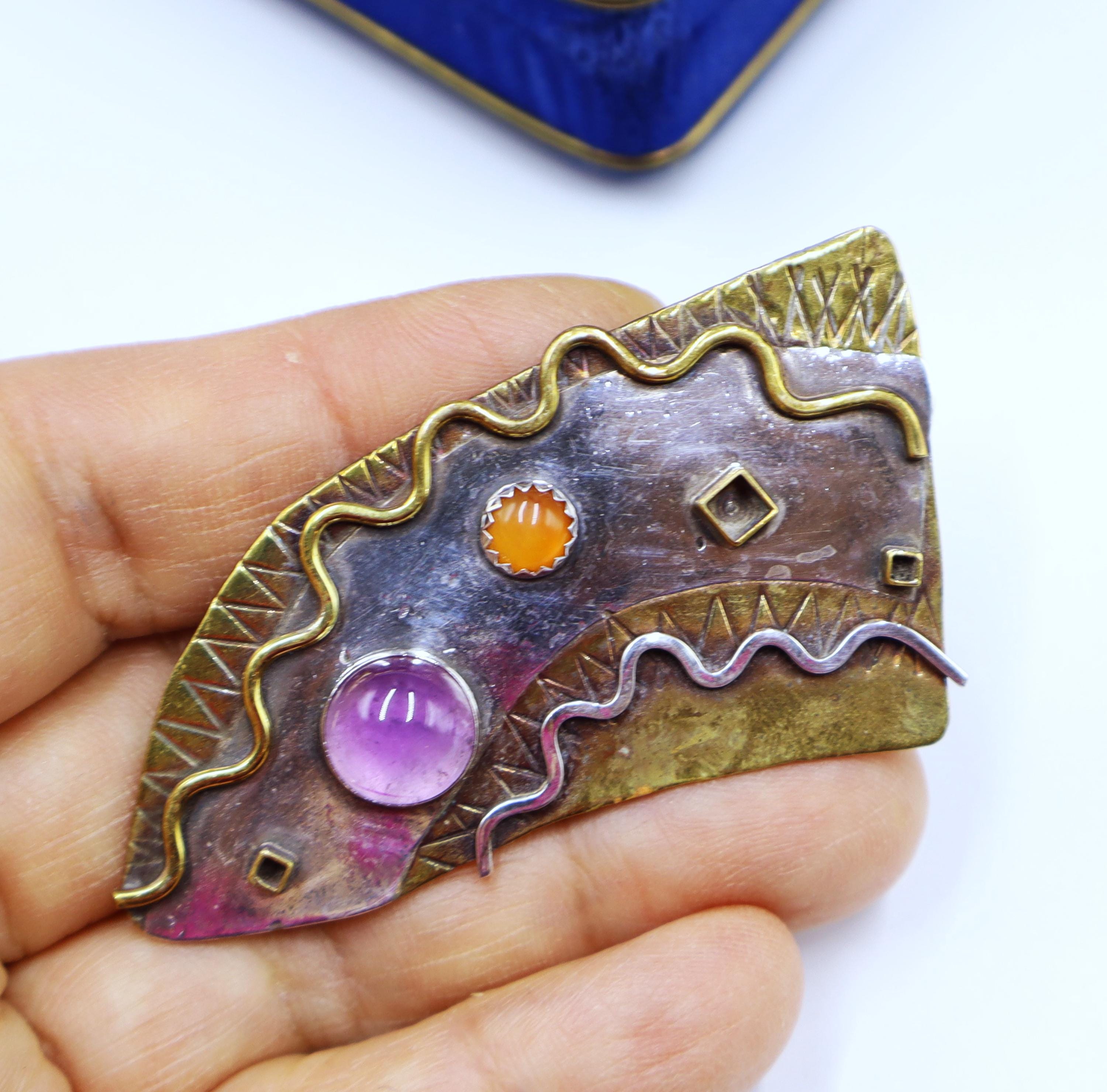 Vintage Signed Angela Duffin Sterling Silver Brass & Amethyst Yellow ...