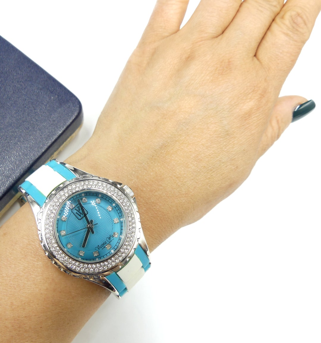 Vintage Victoria Wieck B9968 Rubber Link & Crystal Bezel Watch Color ...