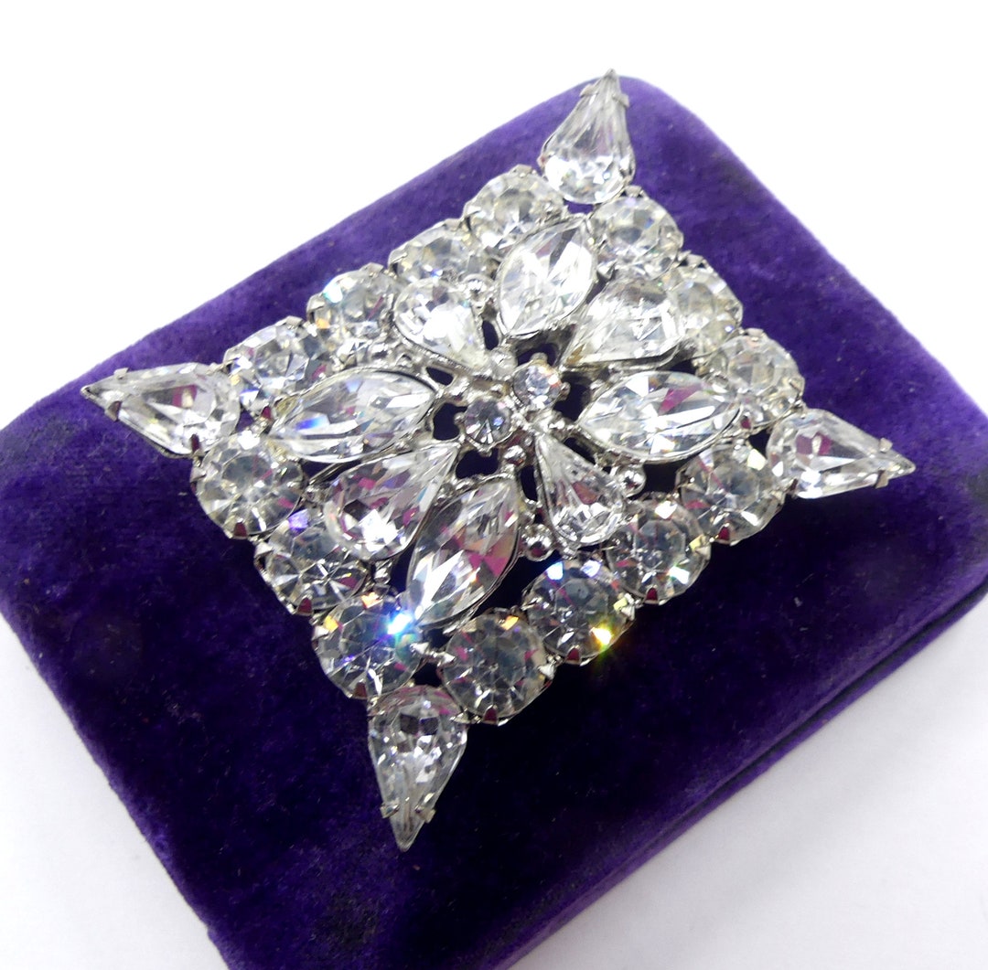 Vintage 40's Large Rectangle Shape Silver Tone & Clear Rhinestone Pin ...