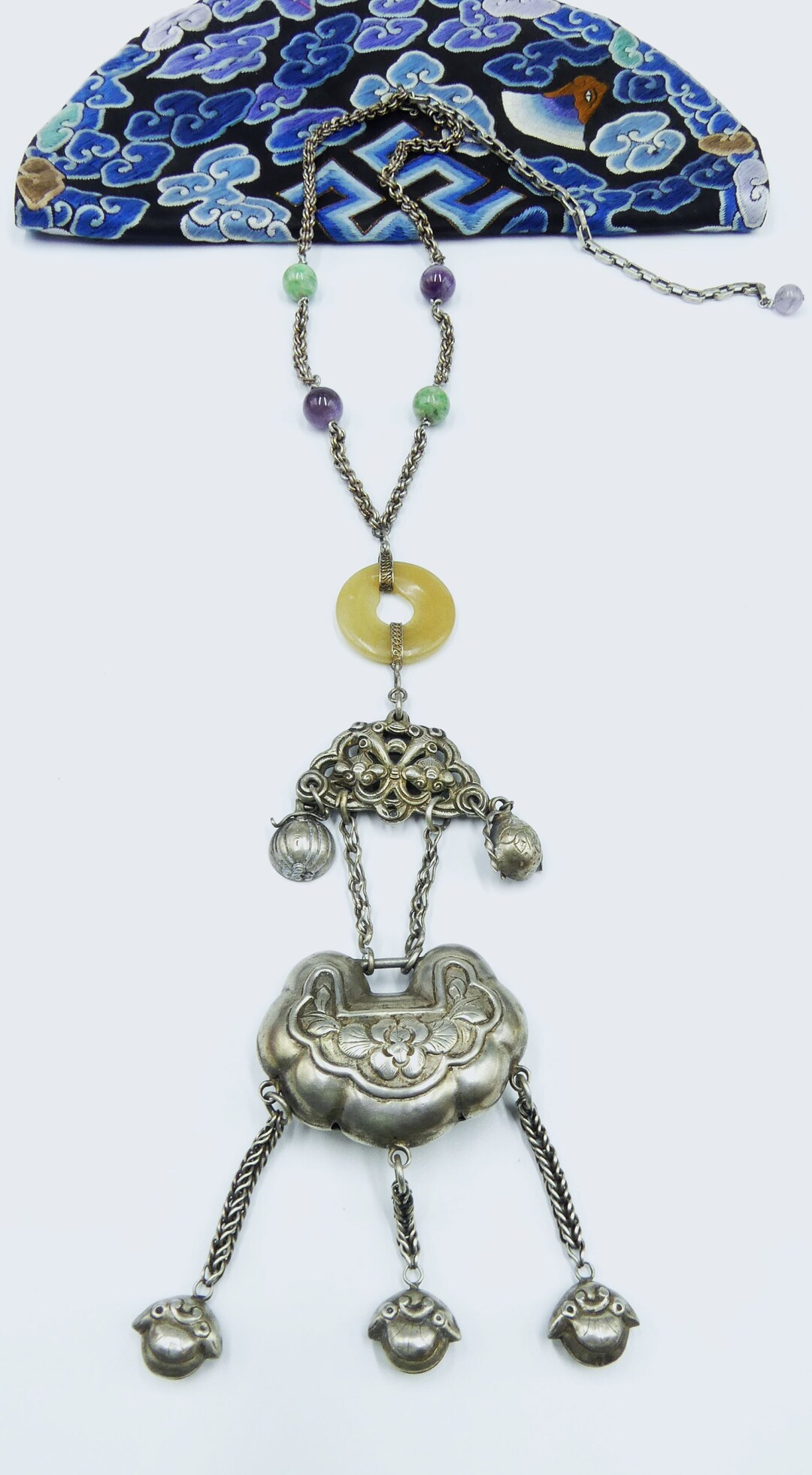 Antique Chinese Silver & Jade Amethyst Bi Longevity Lock Pendant ...