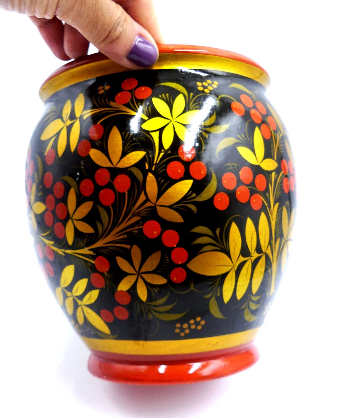 Large vintage hand painted Russian wooden jar | Etsy