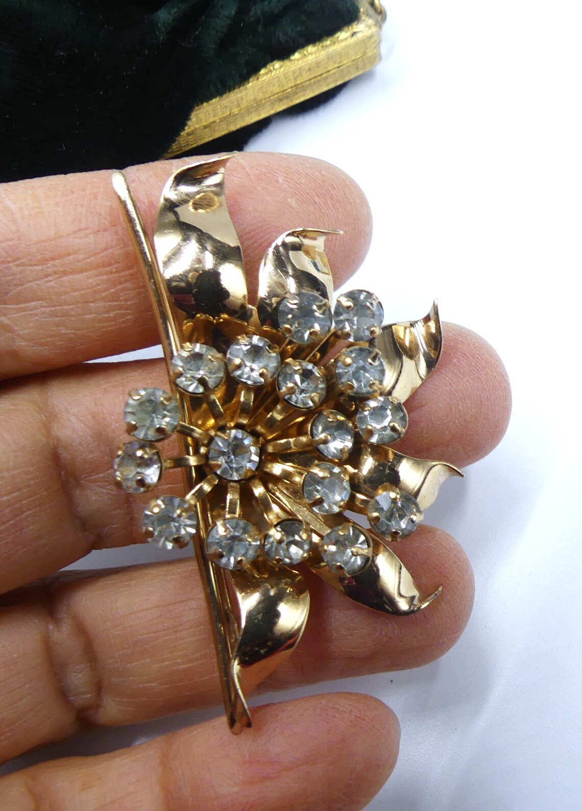 Vintage Marked Leo Glass Gold Over Sterling Silver Clear Rhinestone Fan ...