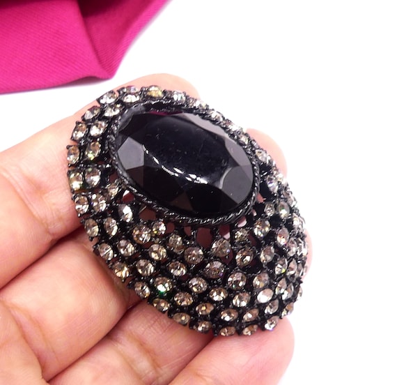 Vintage Large Black Metal & Rhinestone W Black Glass Cabochon - Etsy